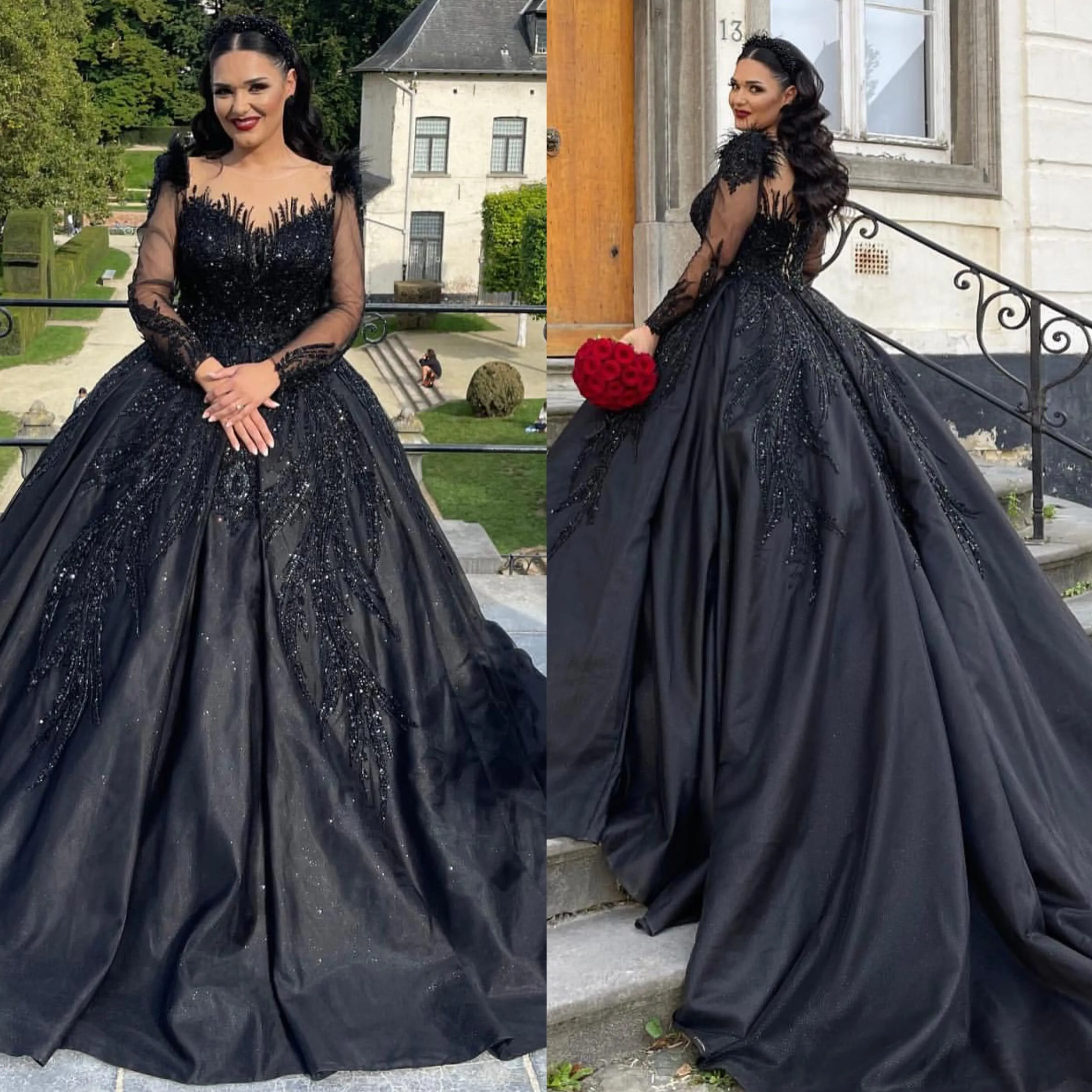 Black Sequin Ball Gown Wedding Dress With Illusion Long Sleeves ...
