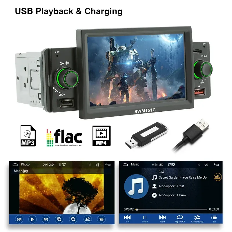 1 Din Bluetooth Car Stereo 5 Inch Touchscreen CarPlay Android Auto MP5 ...