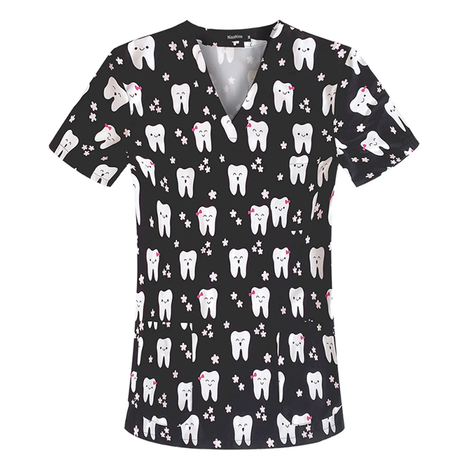 Teeth Print Dental Scrub Tops Medical Nurse Uniform Short Sleeve V-neck ...