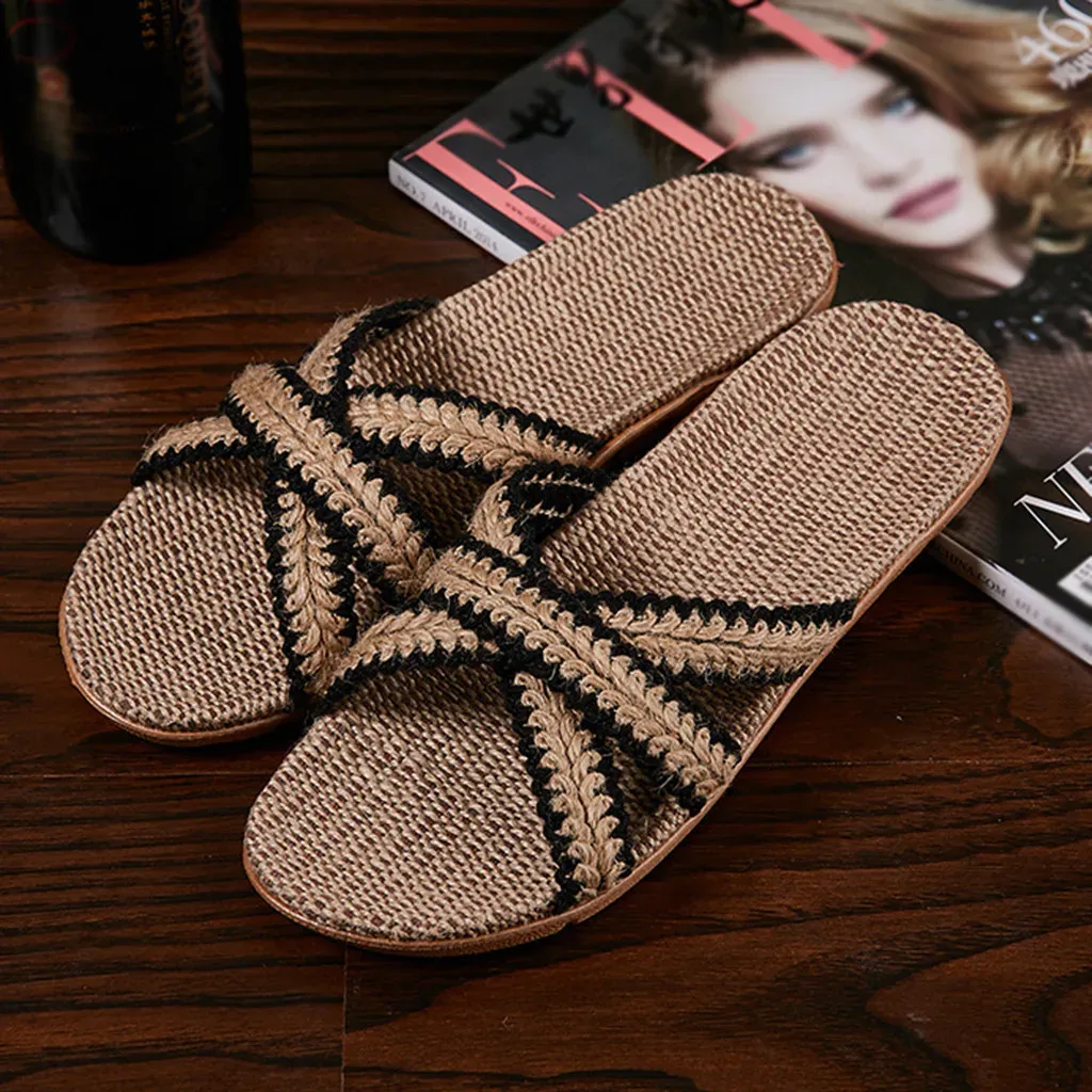 Summer Flax Linen Slippers, Casual Cross Strap Home Shoes for Women ...