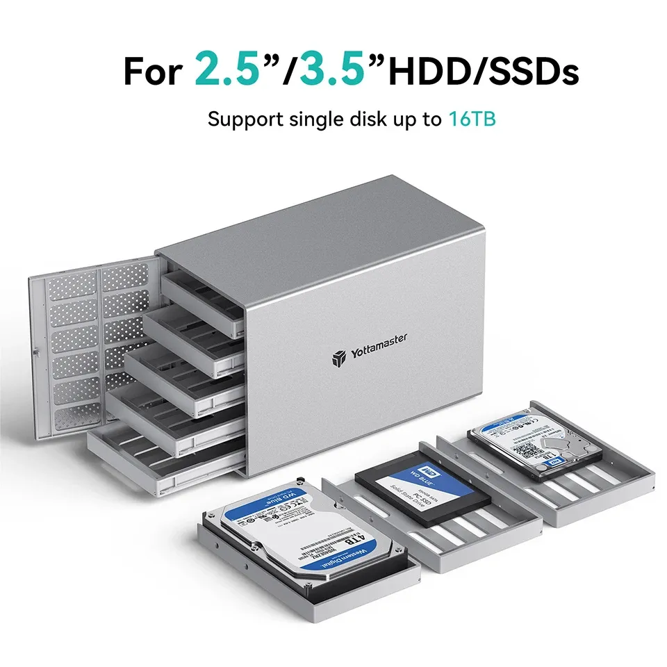 Yottamaster 5-Bay External HDD Enclosure for 2.5/3.5in SATA SSD Hard Drives w/ 50TB Capacity ...