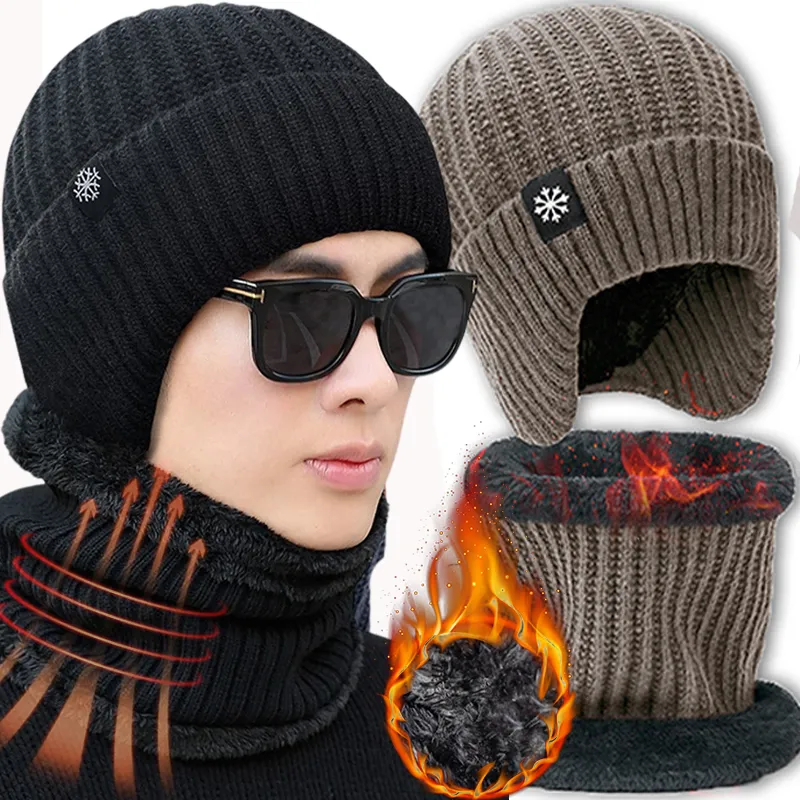 Men's Knit Winter Hats Velvet Lined Knit Cap with Coral Fleece Scarf ...
