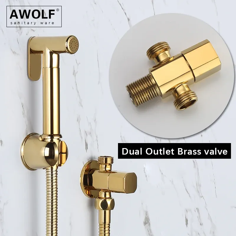 Awolf Titanium Gold Handheld Toilet Bidet Sprayer Set Solid Brass Rose ...