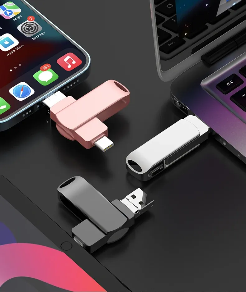 4-in-1 USB Flash Drive: 64GB Swivel USB 3.0 Pen Drive for iPhone ...