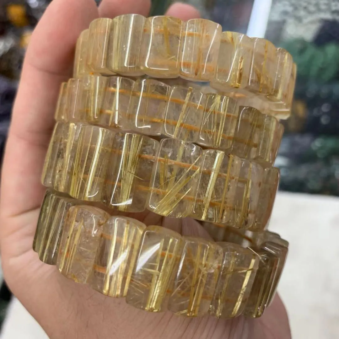 Rutilated Quartz Stone Beads Bracelet - Natural Gemstone Jewelry Bangle ...