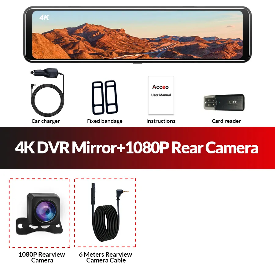Acceo 4K Touch IPS dashboard camera with Rear View Mirror Monitor, 12 ...