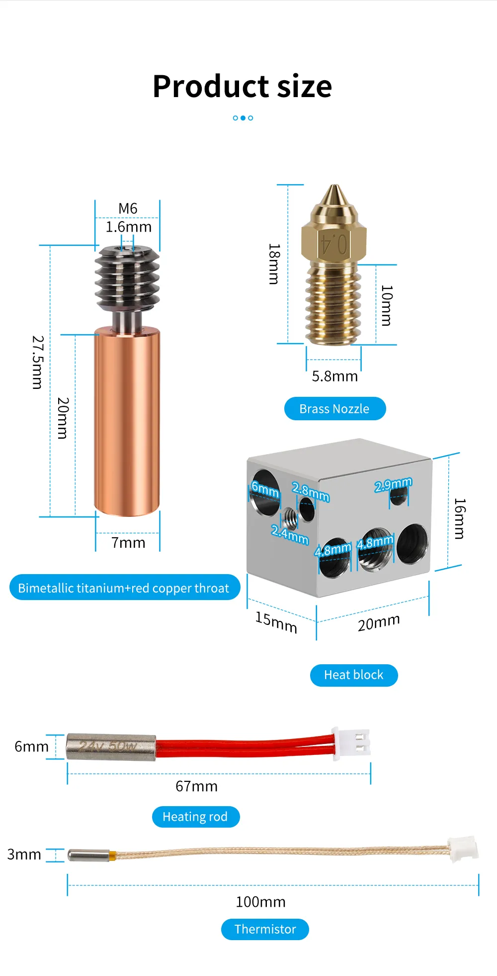 Nozzle parts hotend kit with heated block bimetal heatbreak throat ...