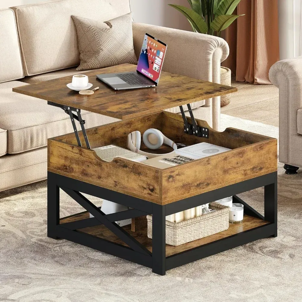 Marble Coffee Table Rustic Brown Lift Top with Double Storage Aluminum ...