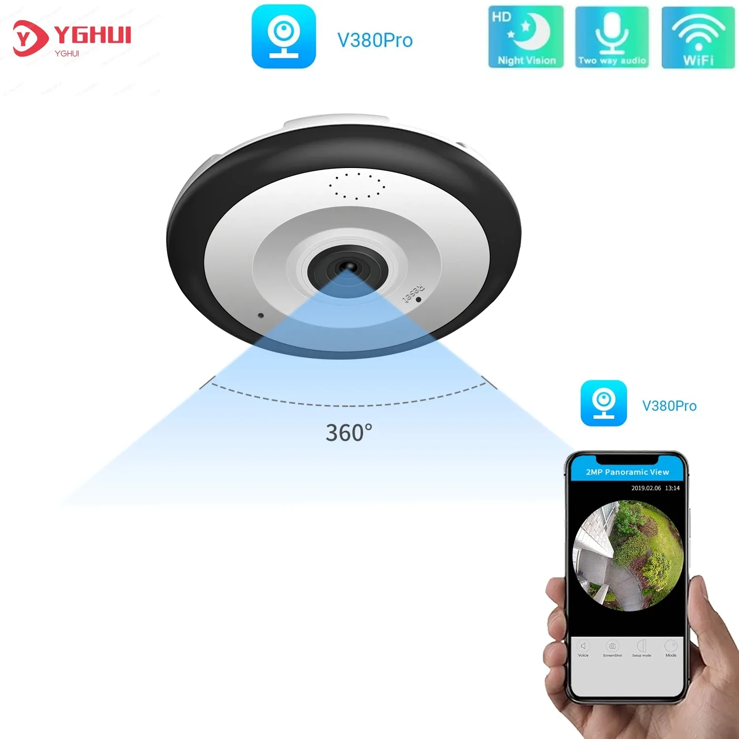V380 Pro 5MP WiFi Security Cameras 360° Panoramic Fisheye Lens, Two Way ...