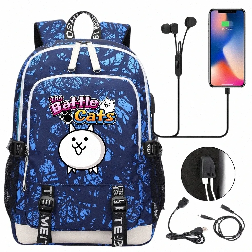 The Battle Cats USB Charging Backpack For Students Cute Laptop Bag For ...