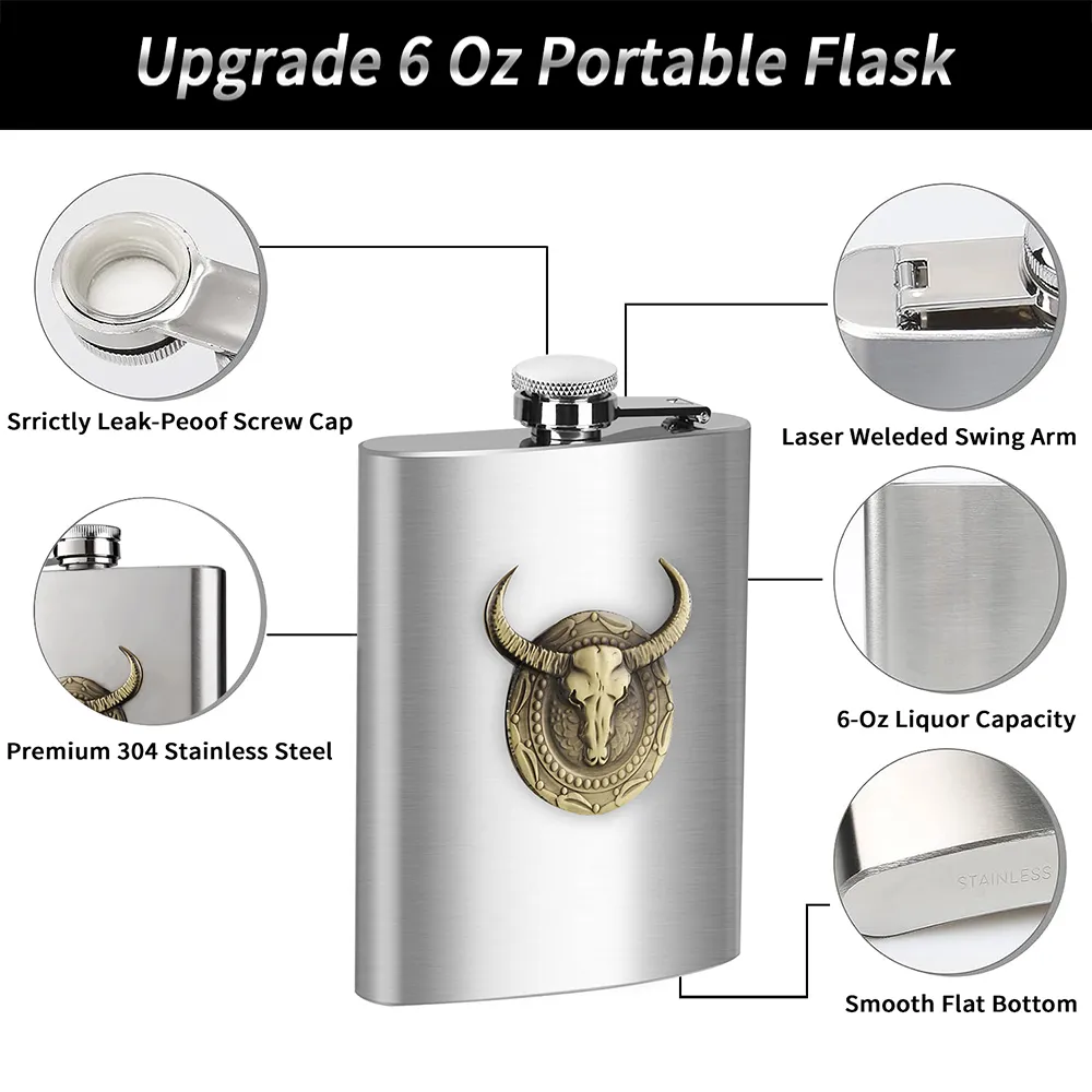 Stainless Steel 6 oz Hip Flask with Embossed Bull Design - Portable ...