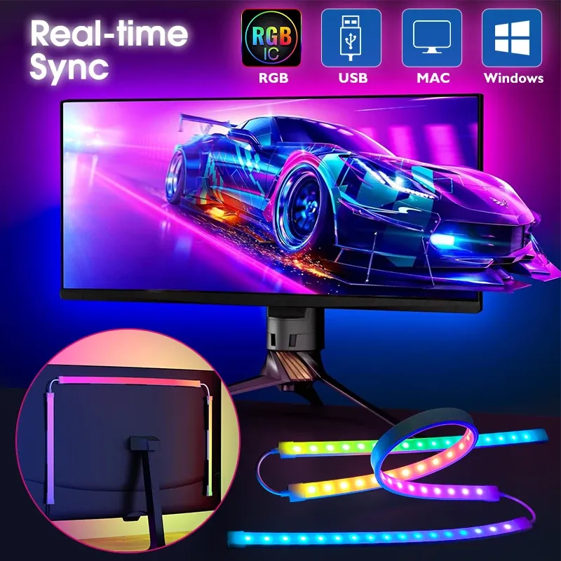 Computer Monitor Backlight Color Real-Time Sync RGB LED Strip Light for ...