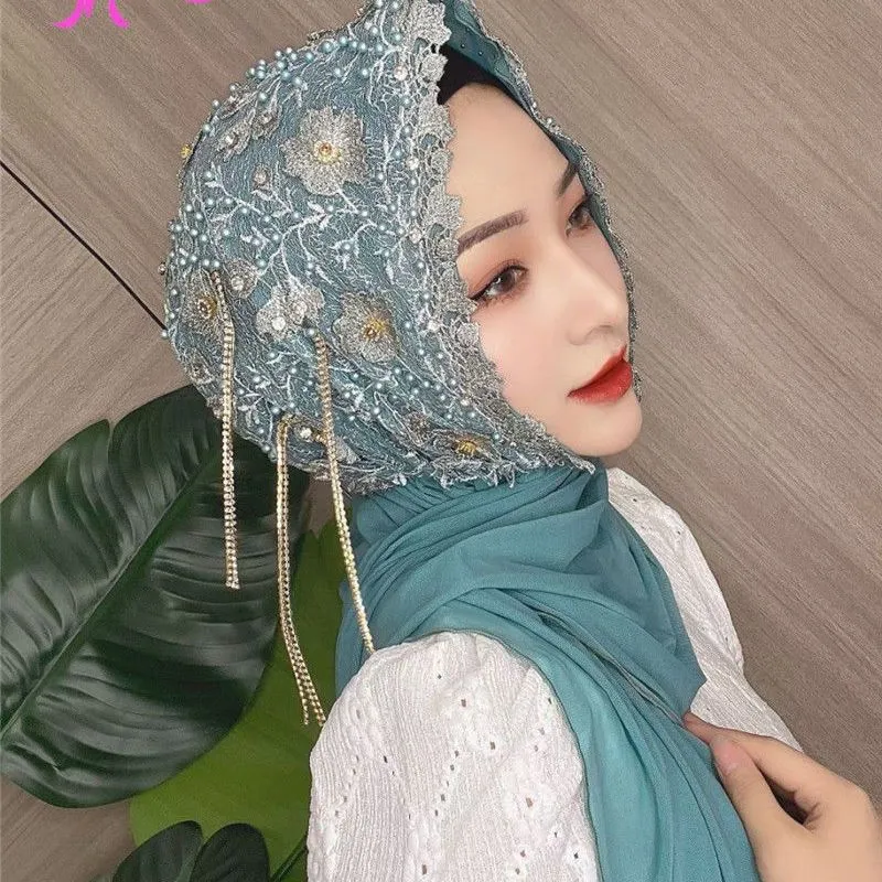 Luxury Muslim Wedding Hijab Scarves Embroidery Turban Hats Tassel Caps ...