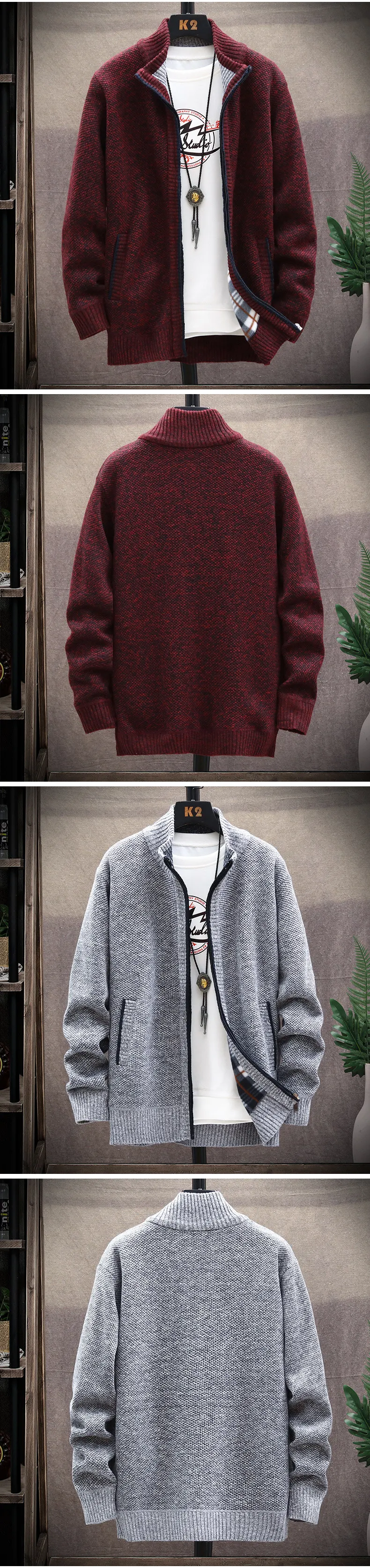 Men's Thick Warm Sweater Jacket Cardigans Solid Zipper Front Wool Blend ...