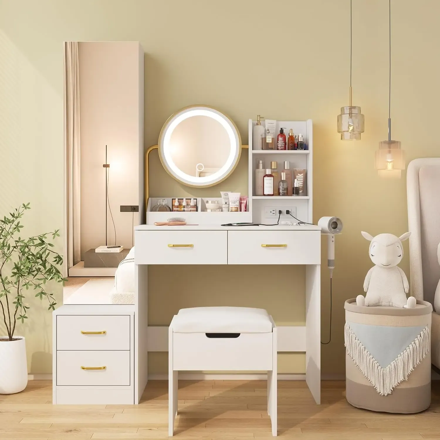 Vanity table with round mirror store