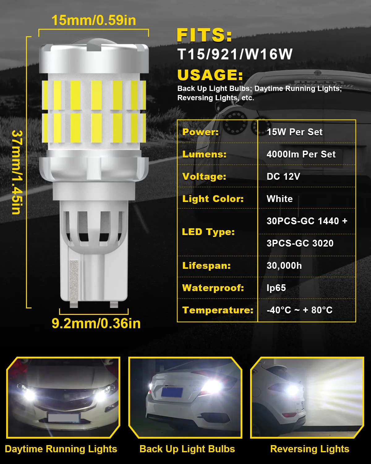 2x 2000LM Canbus T15 T16 LED Reverse Lights W16W Car Back Up Rear Lamp ...