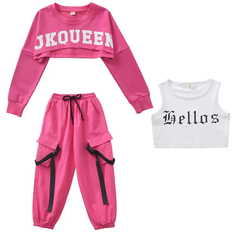 Hip Hop Dance Costume, Pink Jazz Outfit for Girls, Long Sleeve Top Vest ...