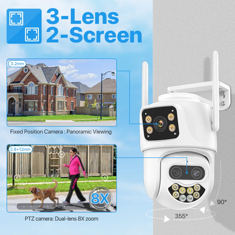 WiFi IP Camera Outdoor 4K 9MP HD 8x Zoom PTZ Camera Three Lens Dual ...