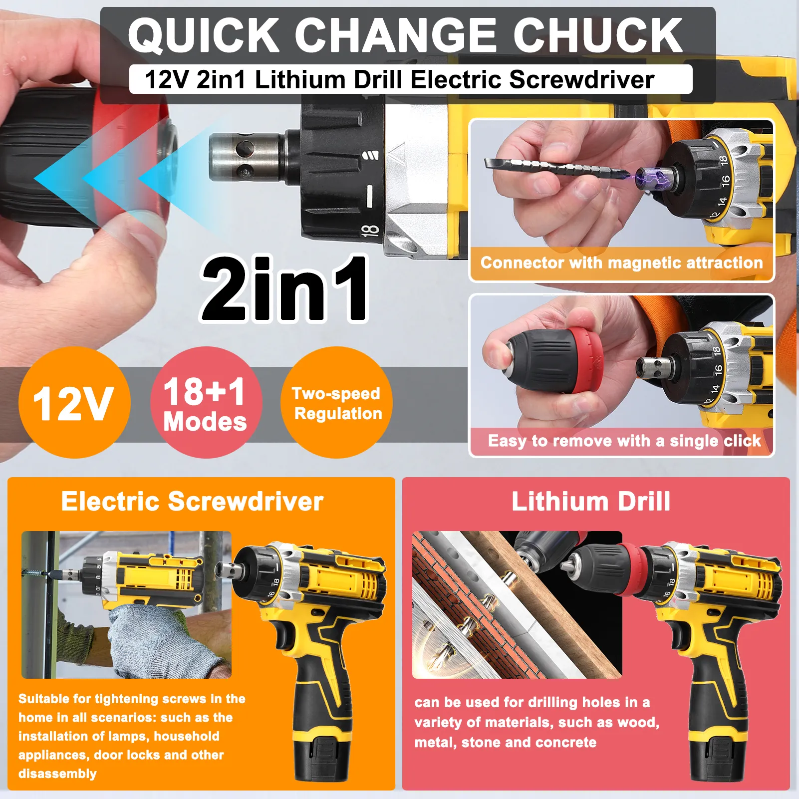 12V 2in1 Lithium battery powered drill Electric Screwdriver with ...