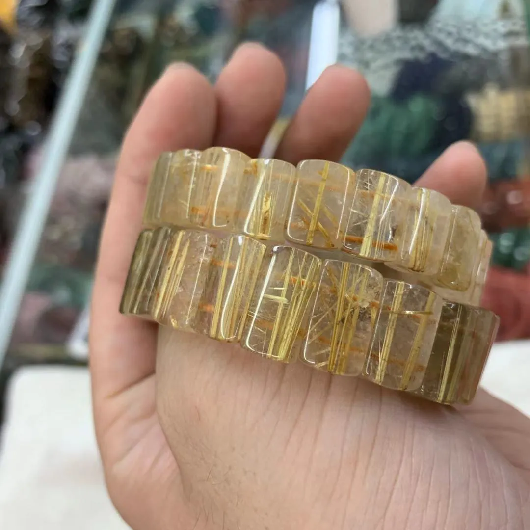 Rutilated Quartz Stone Beads Bracelet - Natural Gemstone Jewelry Bangle ...