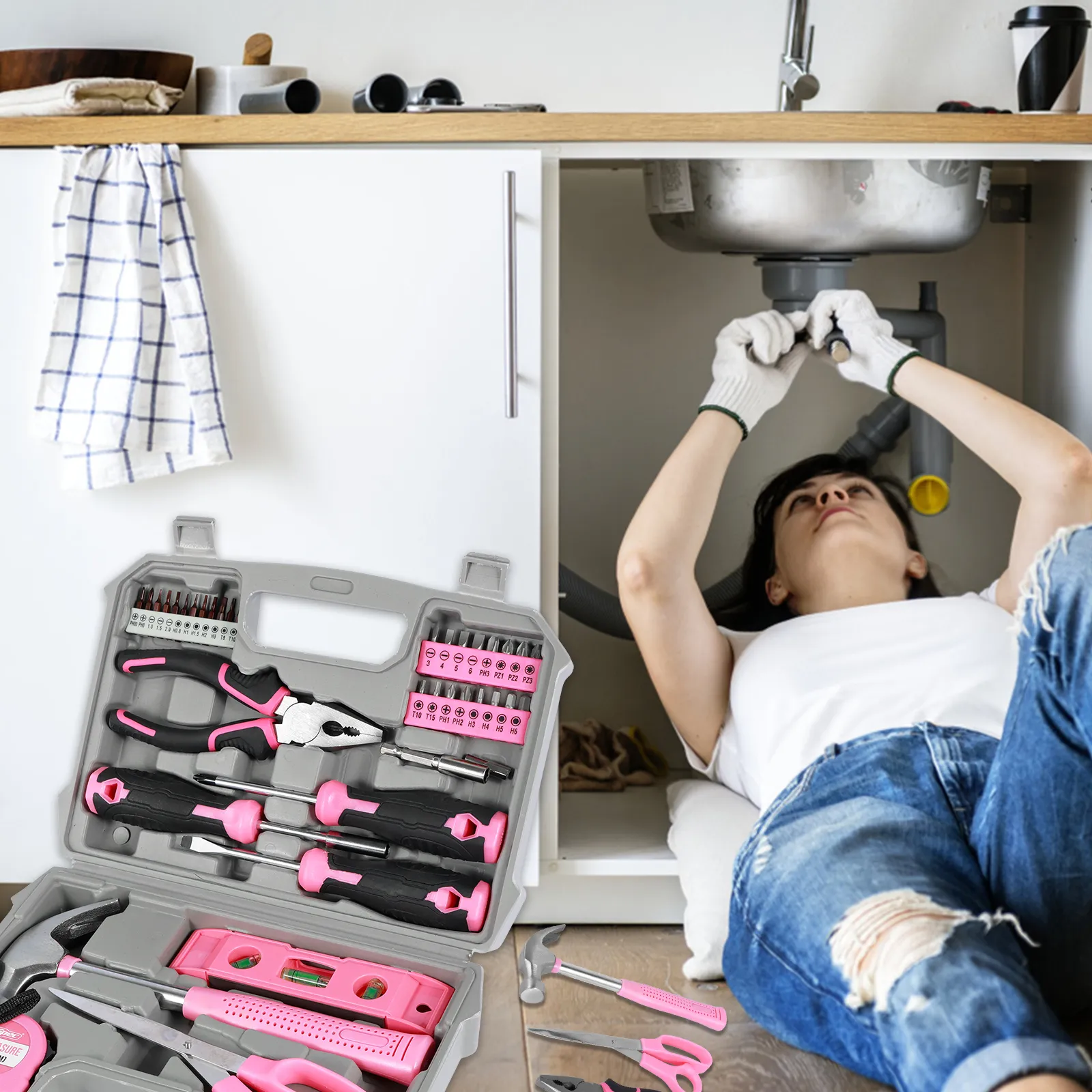 DHgate.com:37/24Pcs Pink Home Repair Tool Kit, Household Hand Tools with Storage Case, DIY ...
