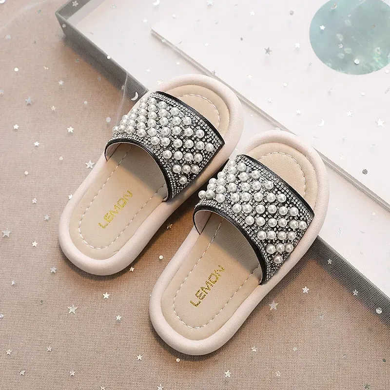 Girls' Beaded Pearl Slippers: Soft Rhinestone Sandals for Summer Beach ...