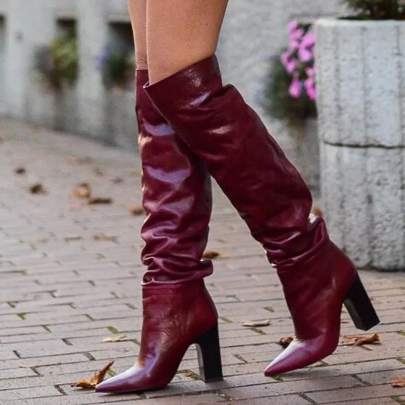 Red Wine Red Chunky High Heel Knee Boots With Pointed Toe And Pleated ...