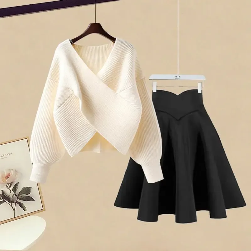 Two Piece Sweater Sets Women V-Neck Cross Knitted Sweater and Slim Half ...
