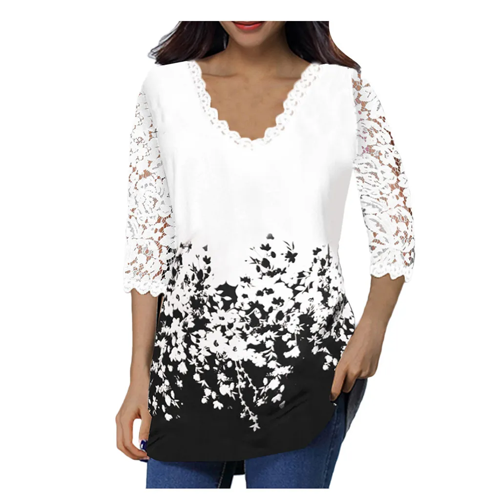 Women's Lace 3/4 Sleeve V-Neck T-Shirt Floral Blouse Tunic Tops Plus ...