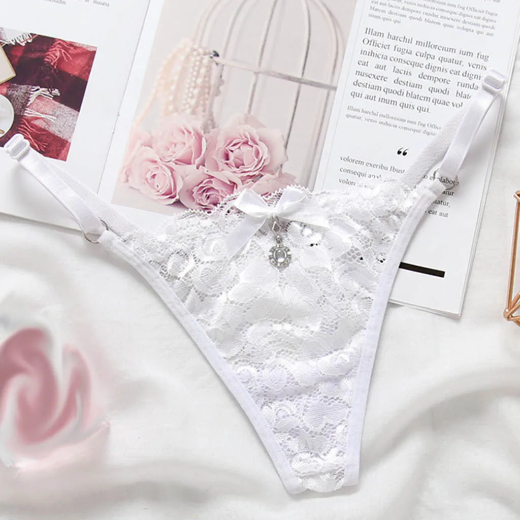 Pearl-Accented Lace Thong Panties: Adjustable T-Back Briefs for Women's ...