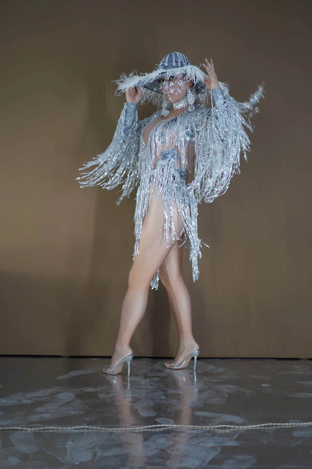 Sparkly Sequin Fringes Bodysuit Hat Performance Costume Women One-piece ...