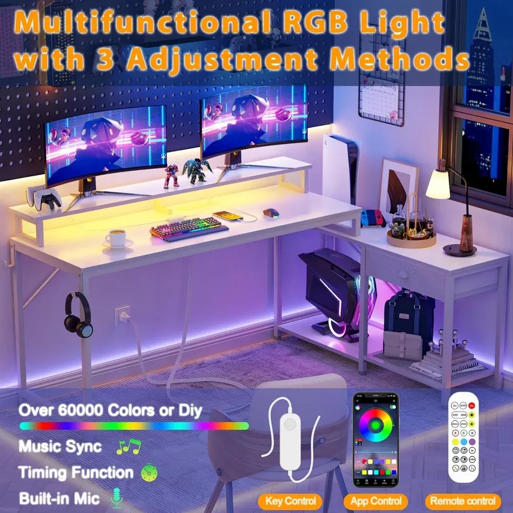Reversible L Shaped Rgb Desk With LED Lights, Power Outlet, Fabric ...