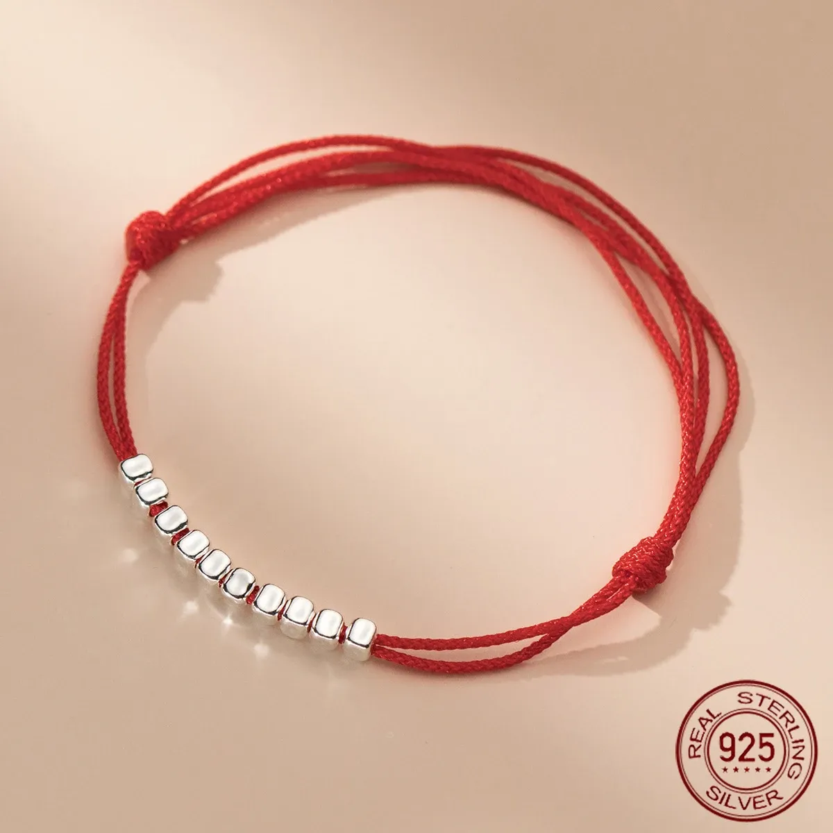 S925 Silver Adjustable Red Thread Bracelet with Silver Square Beads ...