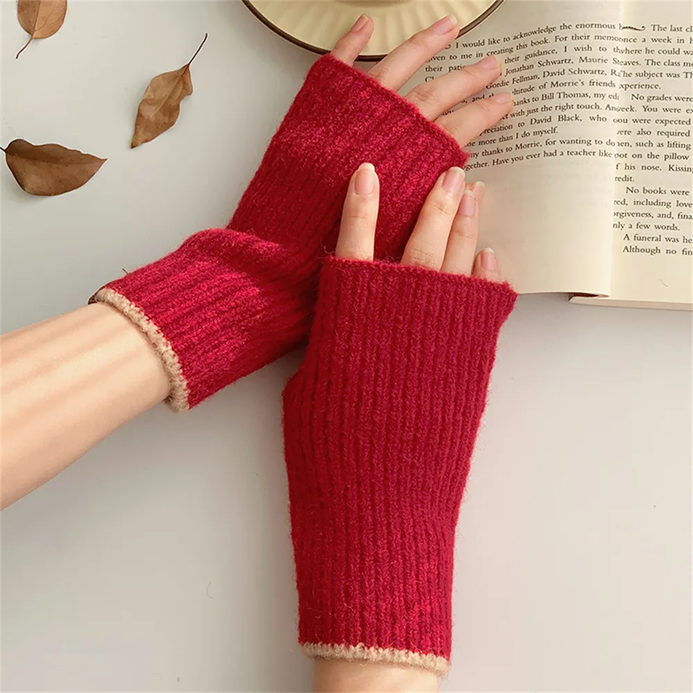 Korean Solid Color Half Finger Cashmere Knitted Gloves Unisex Winter ...