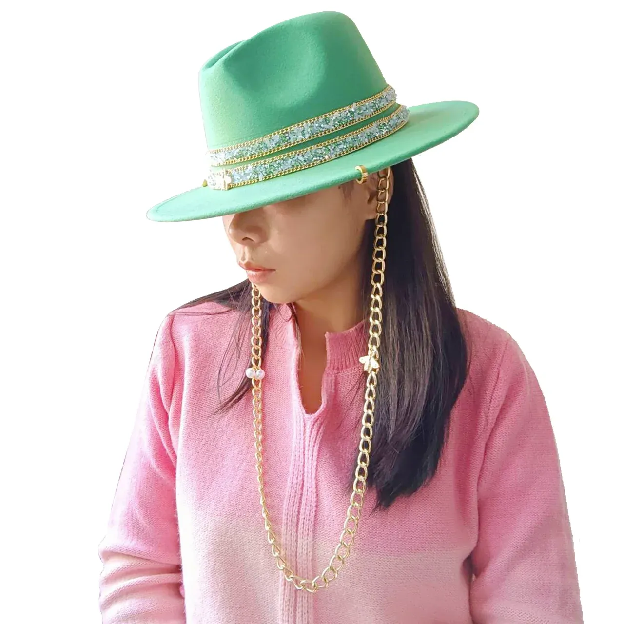 Customizable Rose Red Fedora Hat With Chain With Punk Pearl Chain ...