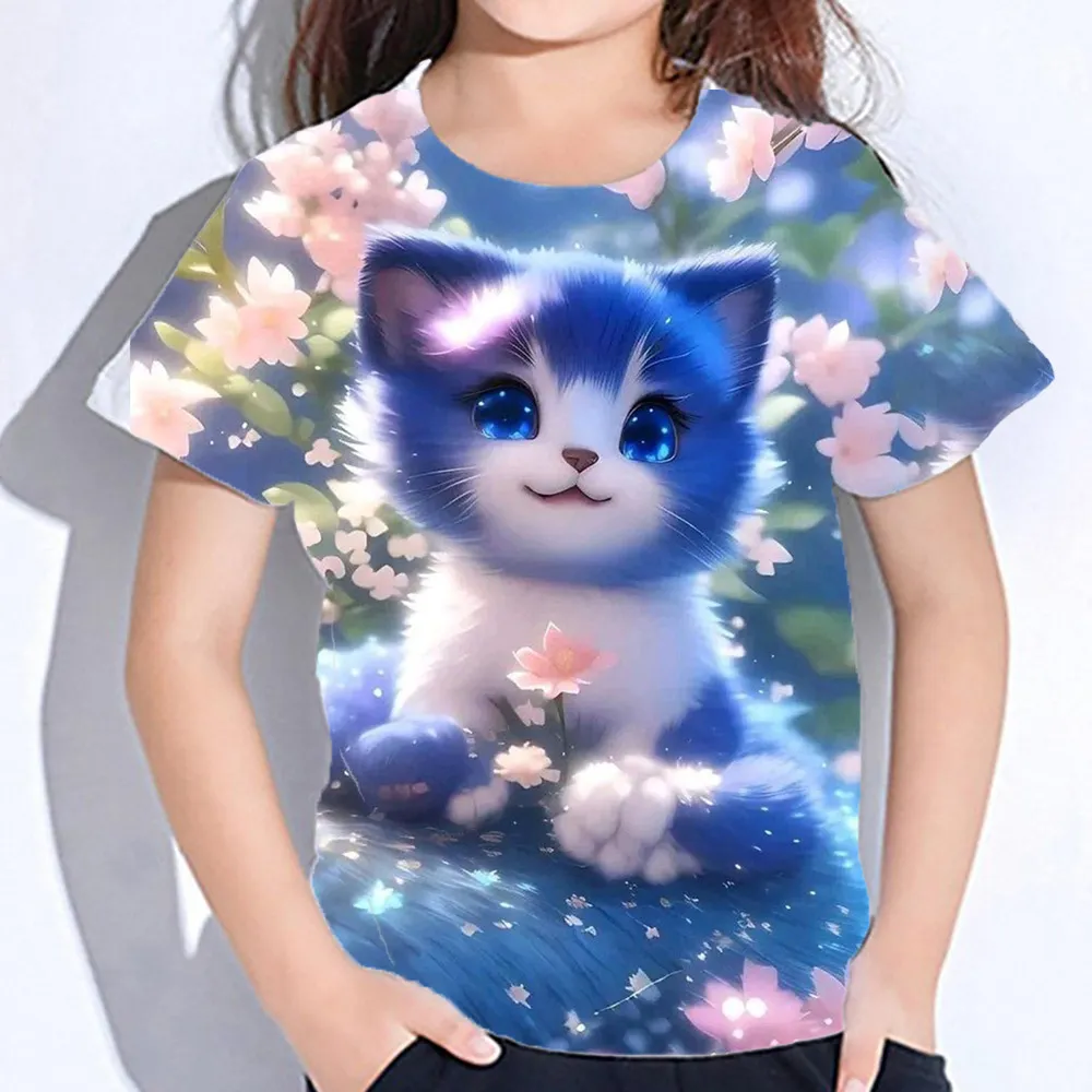 Colorful 3D Cat Print Short-Sleeve T-Shirts For Girls, 10-14 Years from ...