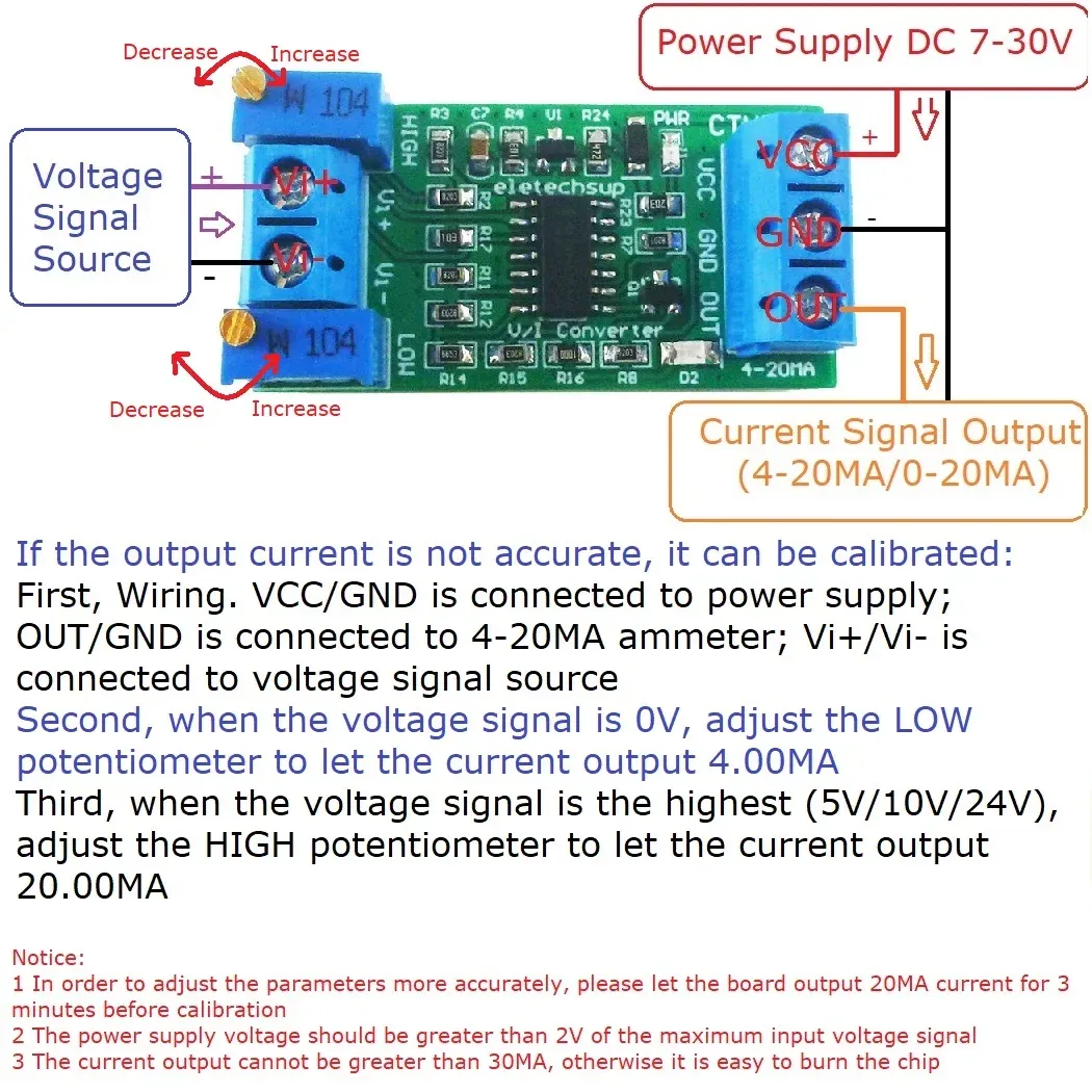 Adjustable 4 to 20ma transmitter Module - Linear V/I Converter with 0-5V, 10V/24V to 4-20mA Range