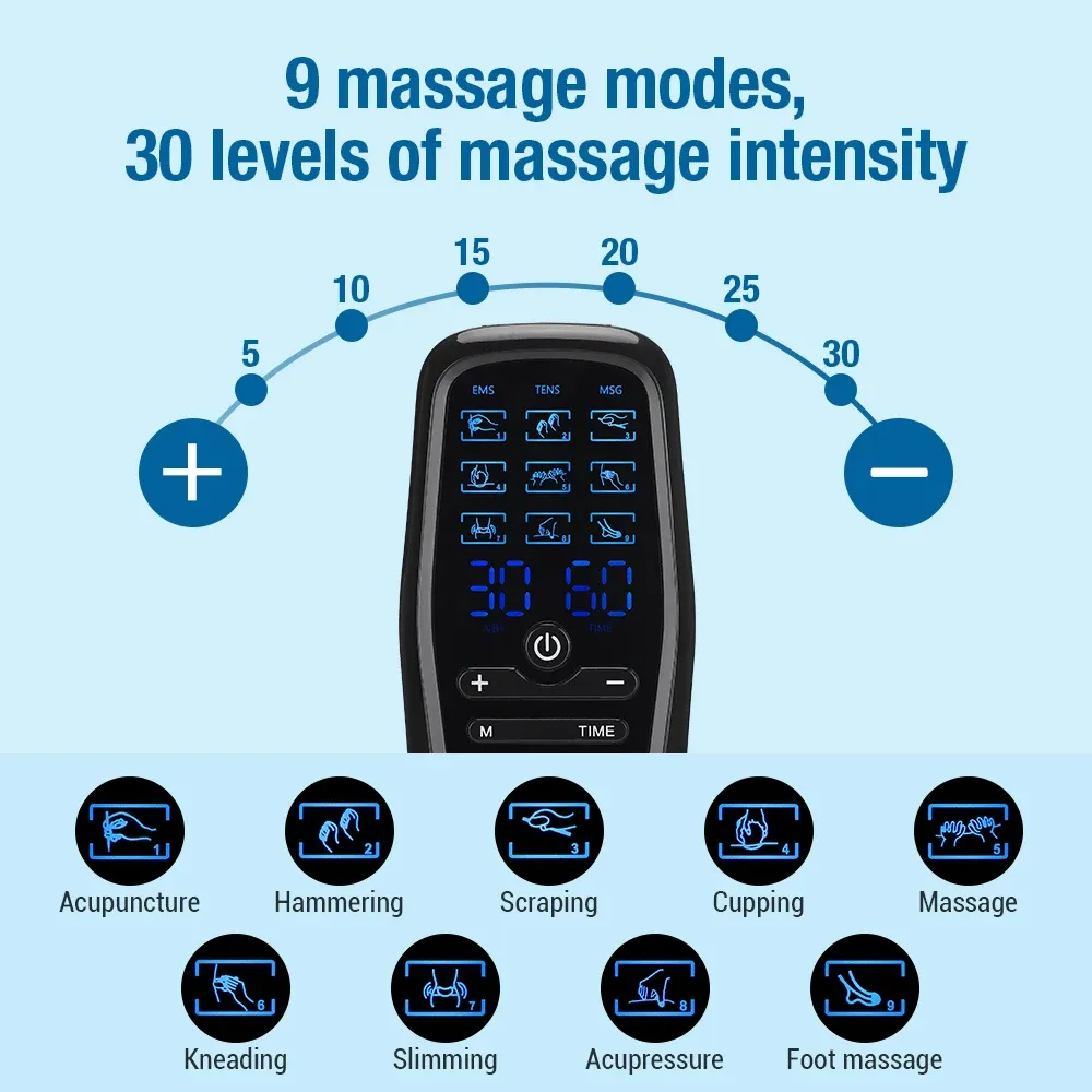 3-in-1 TENS EMS Massager: Dual Output, 9 Modes, 30 Levels Electric ...