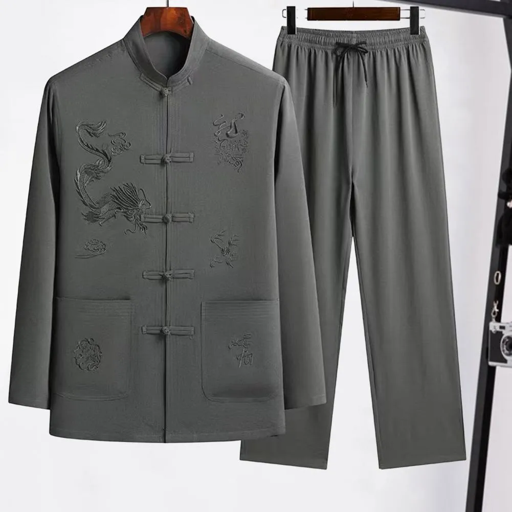 Men's Tang Suit Shirt and Wide Leg Trousers Set with Stand Collar and ...