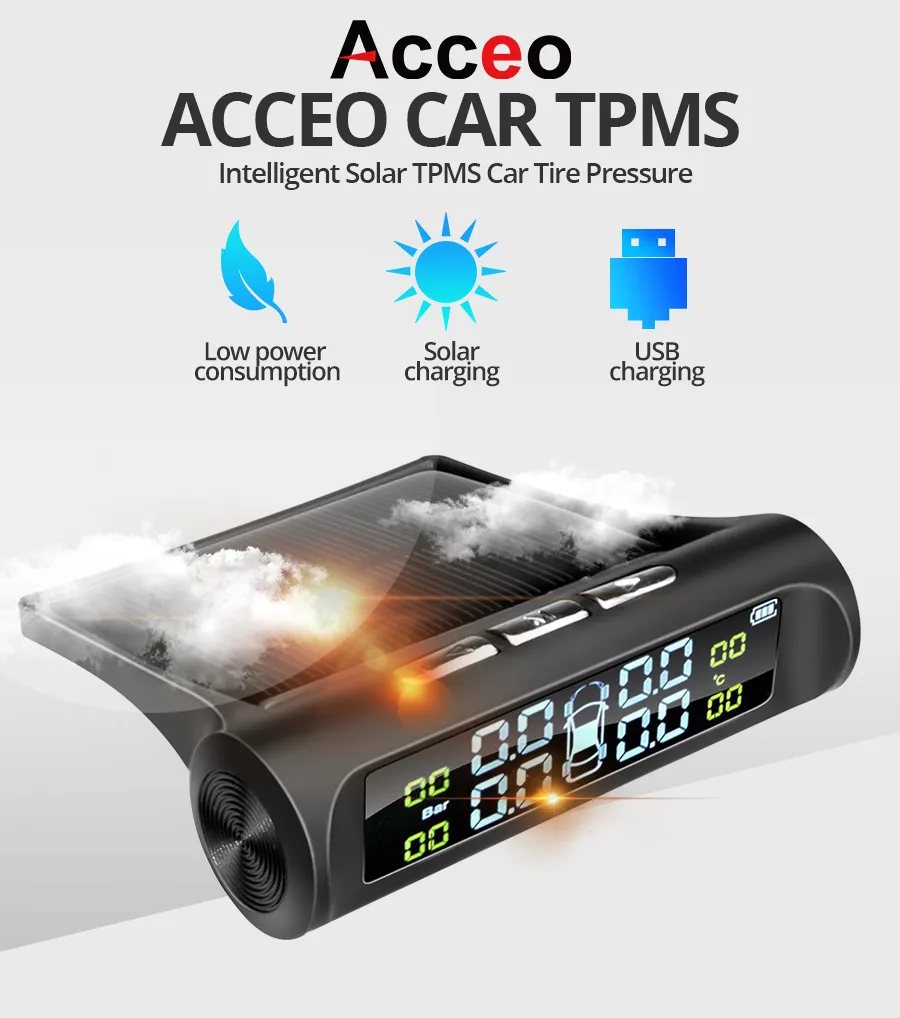 Acceo K01/K02 Car Safety Tire Pressure Alarm System Solar Power Digital Display Smart Car TPMS ...