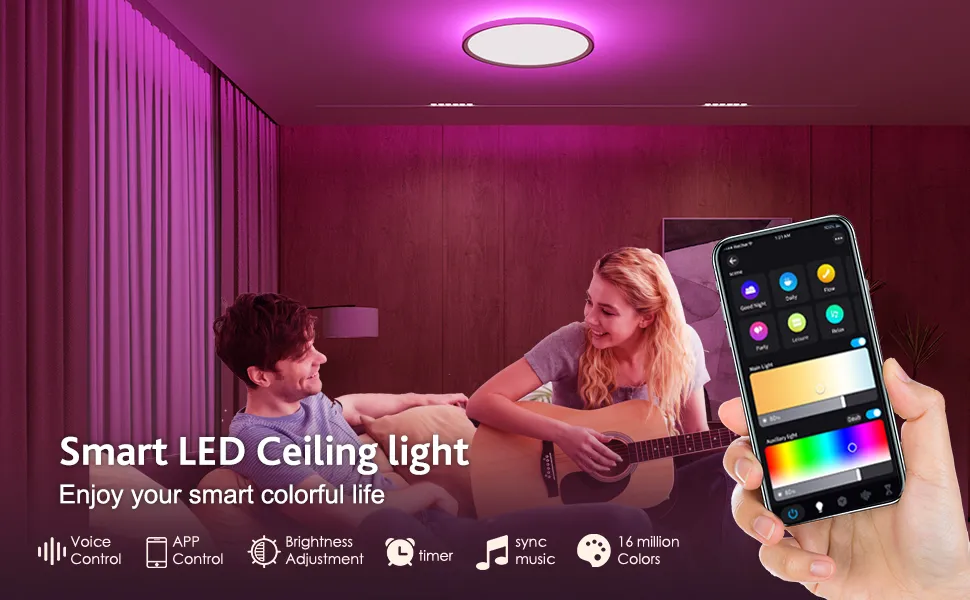 30W LED Smart Ceiling Lamp with RGBIC Backlight, Dimmable Color ...