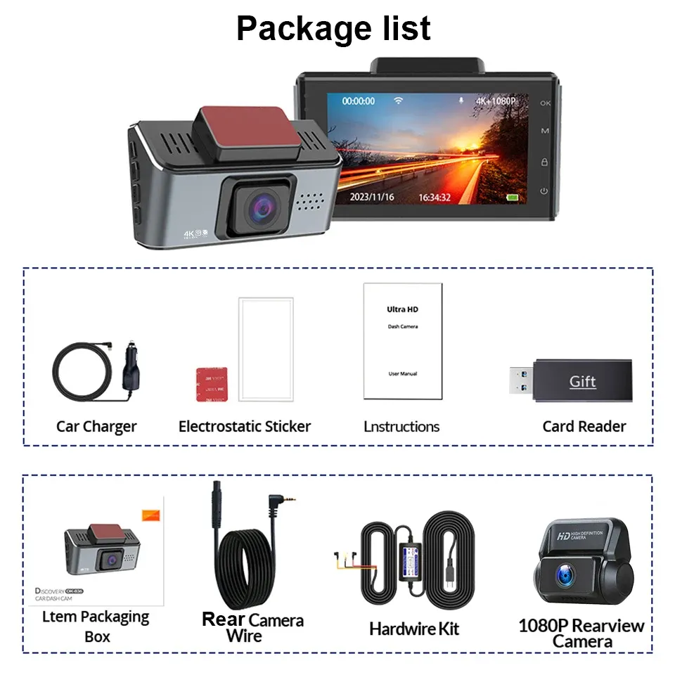 E-ACE 4K Dash Cam with Parking Monitor, Built-in WiFi, GPS, and ...