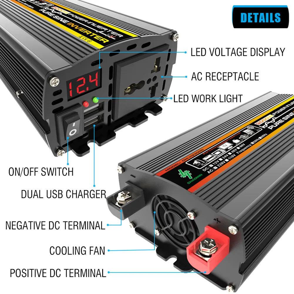 Vehicle Power Inverter, 12V To AC Pure Sine Wave Converter With Charger ...