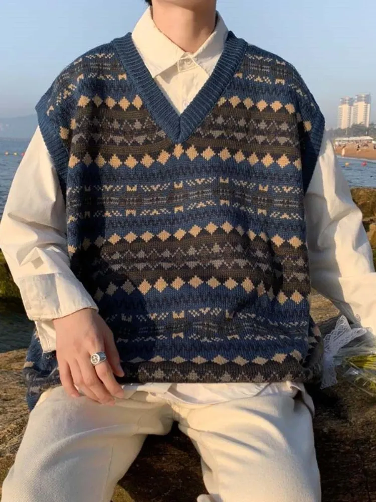 Men's Retro Oversize Trendy Knitted Vest | Japanese Ethnic V-neck ...