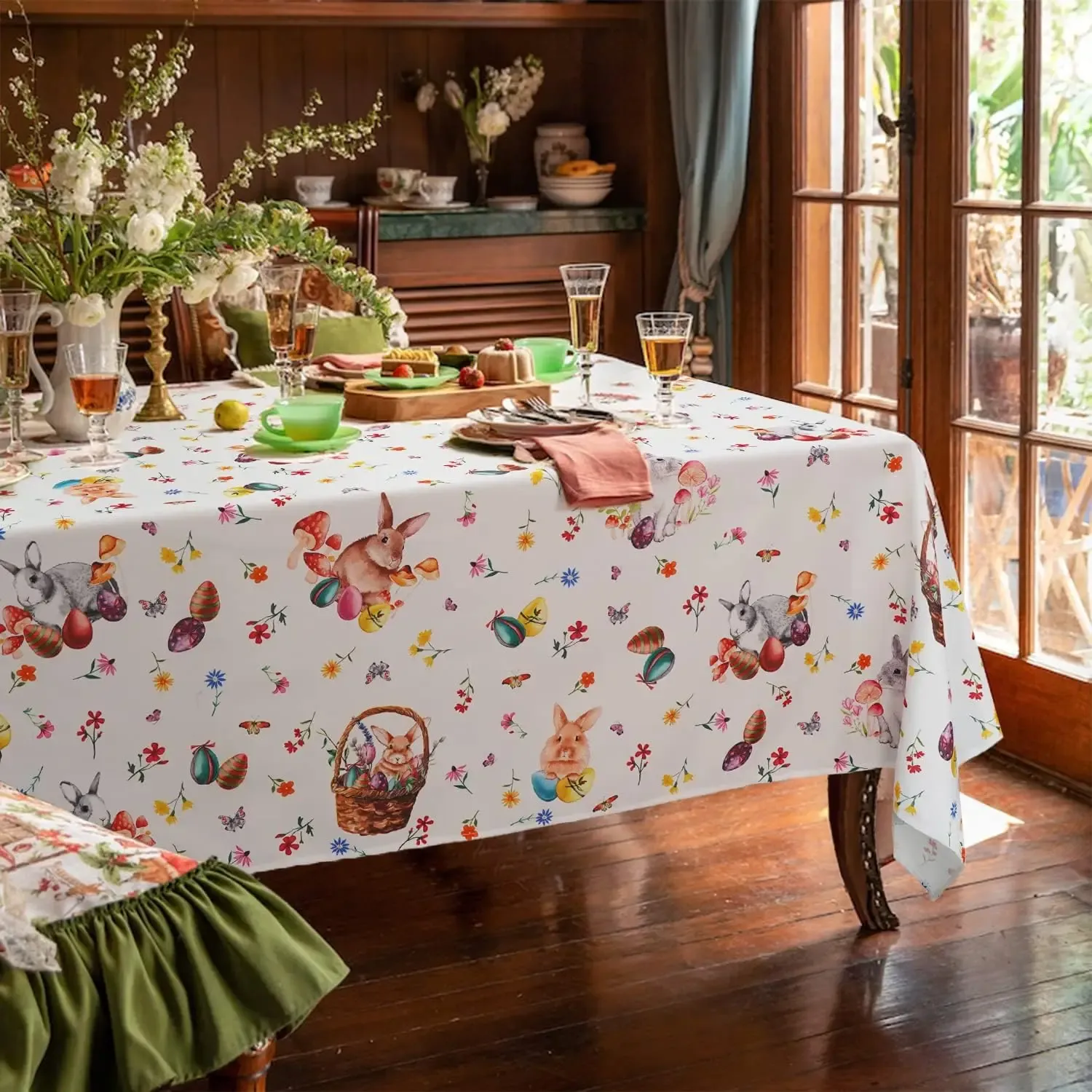Rectangle Waterproof Tablecloth Spring Floral Coloring Bunny Table Cloth for Dining Room Decor Home Party Easter Decor