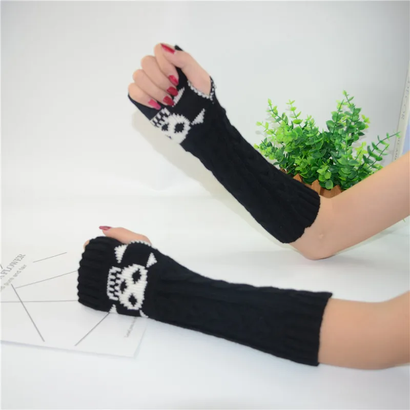 Winter Gloves Women Gothic Knitted Skull Gloves Men Stretch Elbow ...