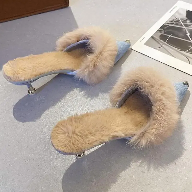 Elegant Pointed Toe Fur Mules: Autumn Heels with Fur, Fur Slipper ...