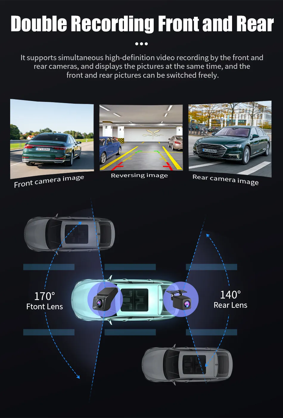 Full HD 170° Wide Angle Dash Cam Front and Rear with ADAS for Android ...