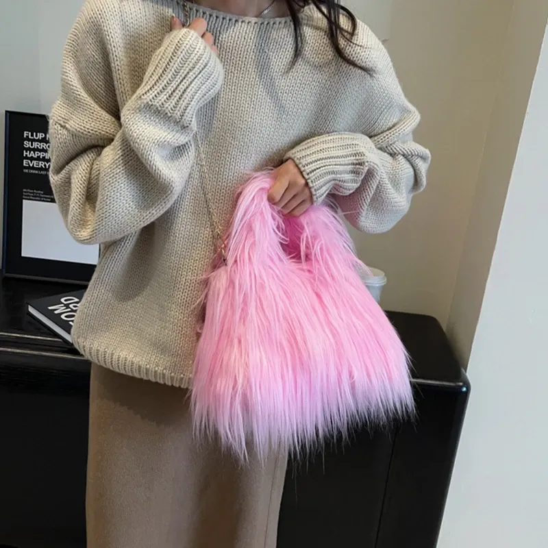 Winter Faux Fur Shoulder Bag for Women Trendy Fuzzy Handbags Plush ...