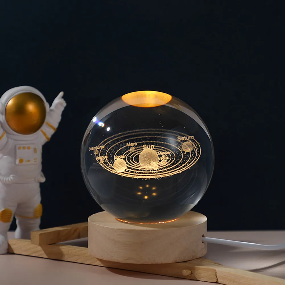 3D Engraved LED Crystal Ball Night Light Solar System Glass Ball with ...